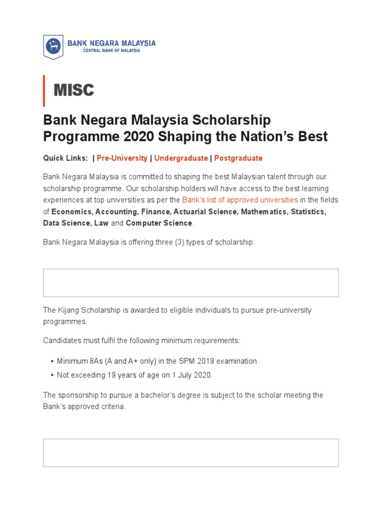 Bank Negara Malaysia Scholarship Programme 2020 Shaping The Nation's ...