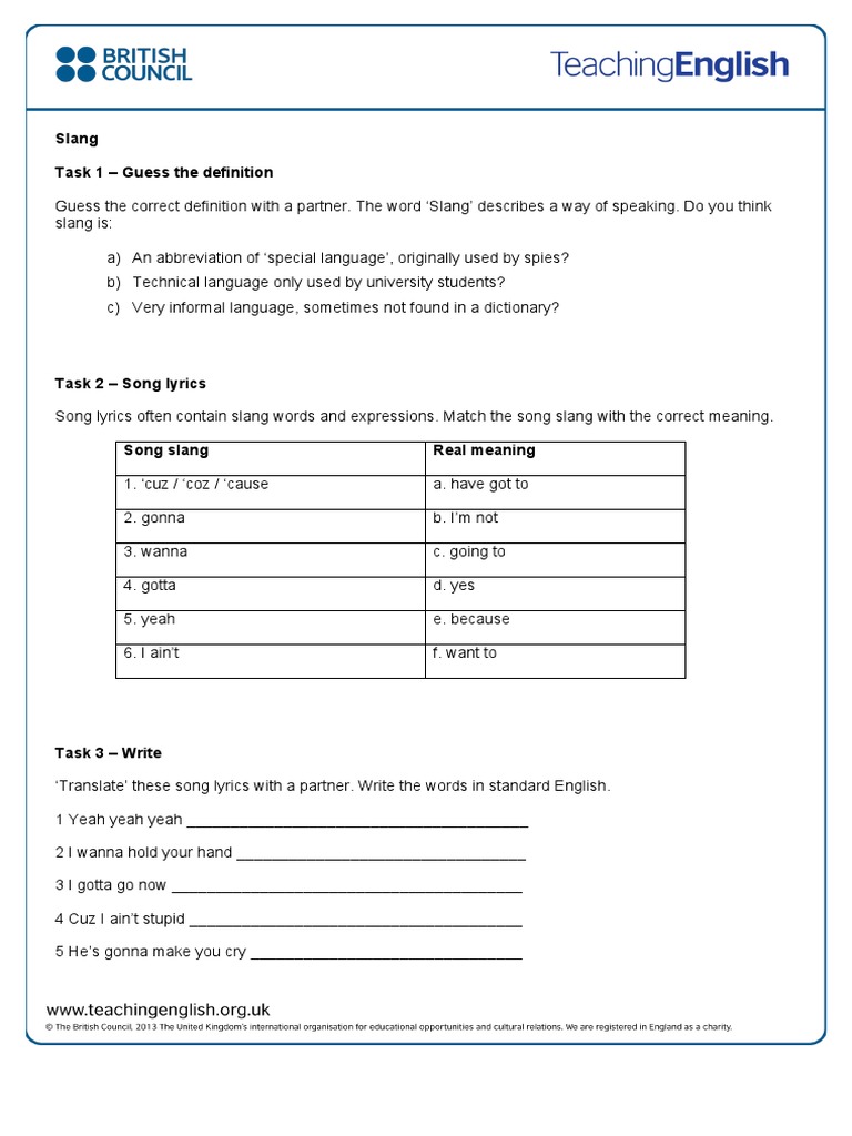 Slang Student Worksheet PDF | PDF | Foreign Language | English Language