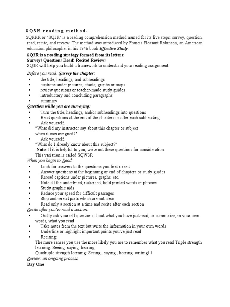 SQ3R Reading Method-: Before You Read, Survey The Chapter | PDF | Notebook | Neuropsychological ...