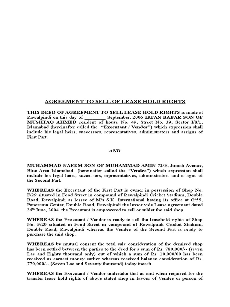 Agreement To Sell (Lease Hold Rights) | PDF | Lease | Real Property Law