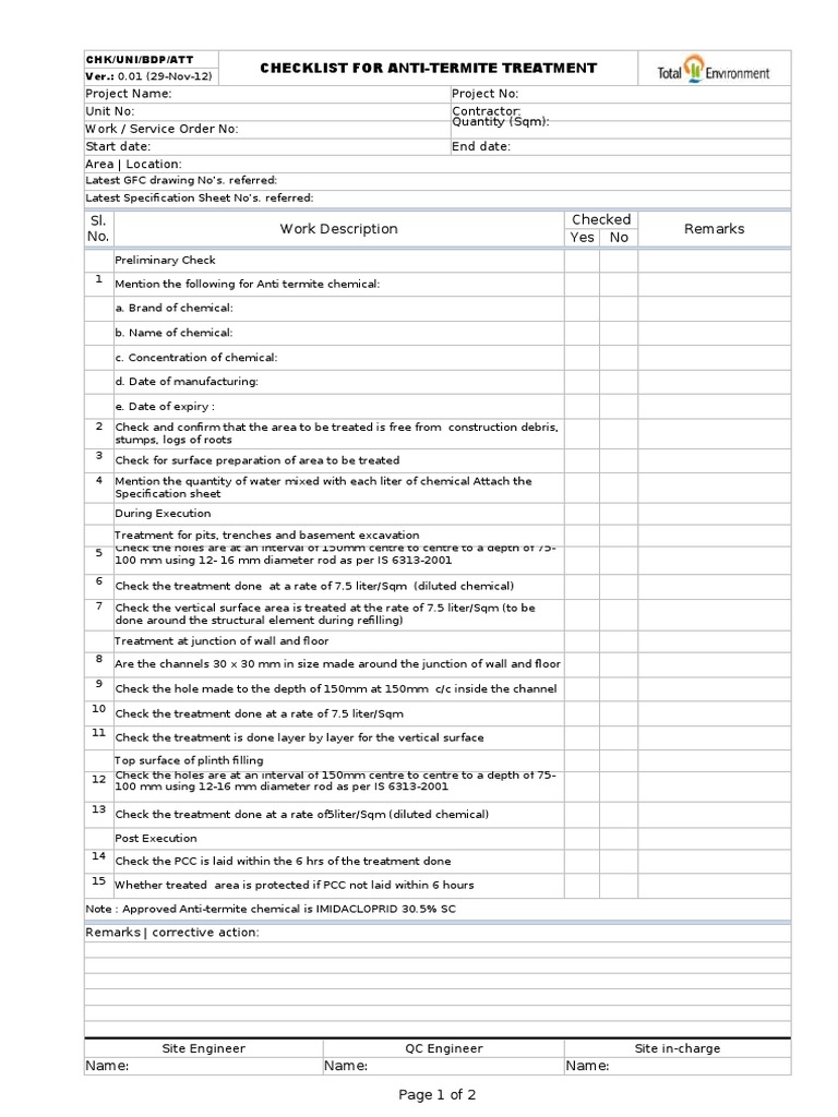 Anti Termite Treatment Checklist | PDF | Economic Sectors | Nature