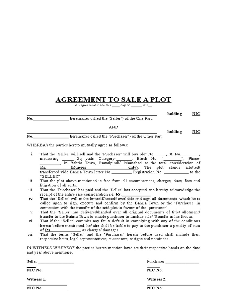 Agreement To Sell A Plot | PDF | Business Law | Social Institutions