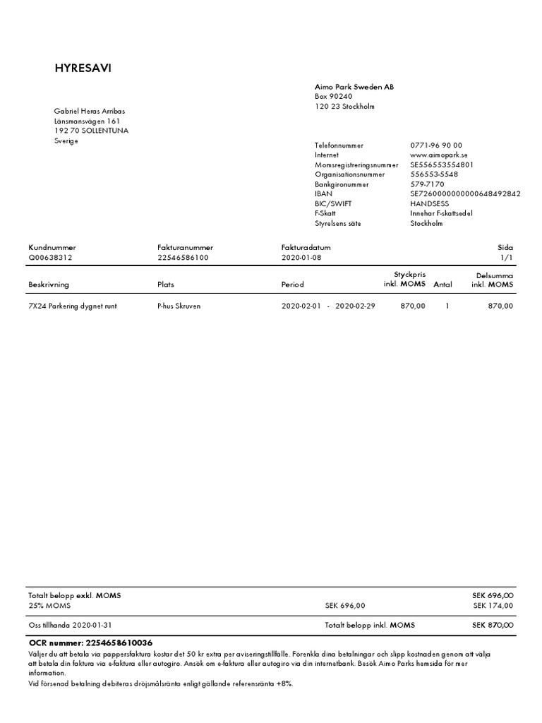 Hyresavi: OCR Nummer: 2254658610036 | PDF