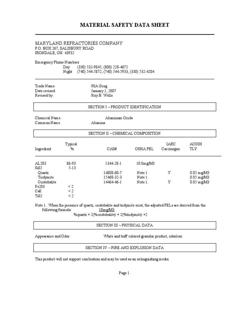Material Safety Data Sheet: Maryland Refractories Company | PDF ...