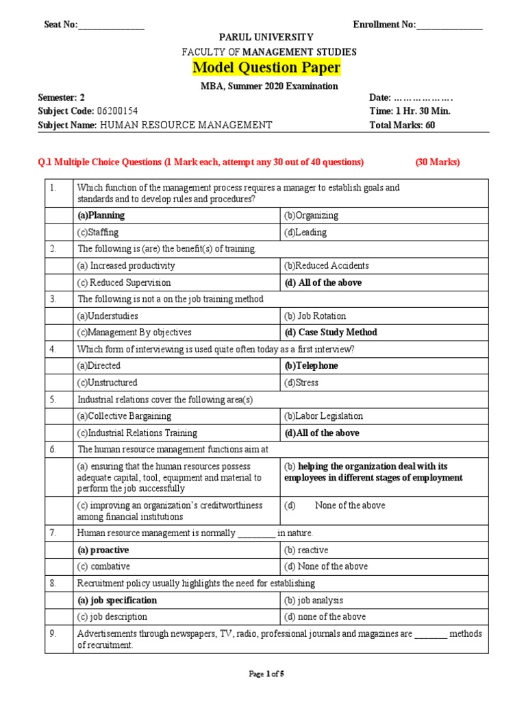 HR Model Question Paper | PDF | Performance Appraisal | Human Resource ...