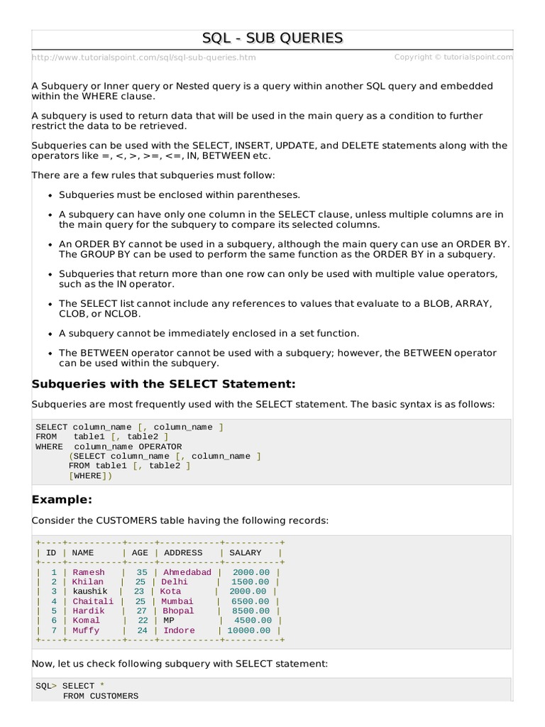 SQL Sub Queries | PDF | Software Engineering | Information Retrieval
