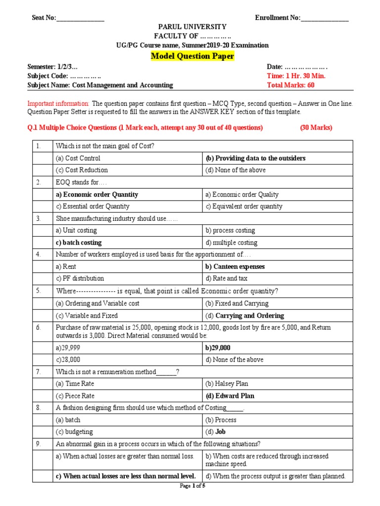 CMA Model Question Paper | PDF | Cost Accounting | Inventory