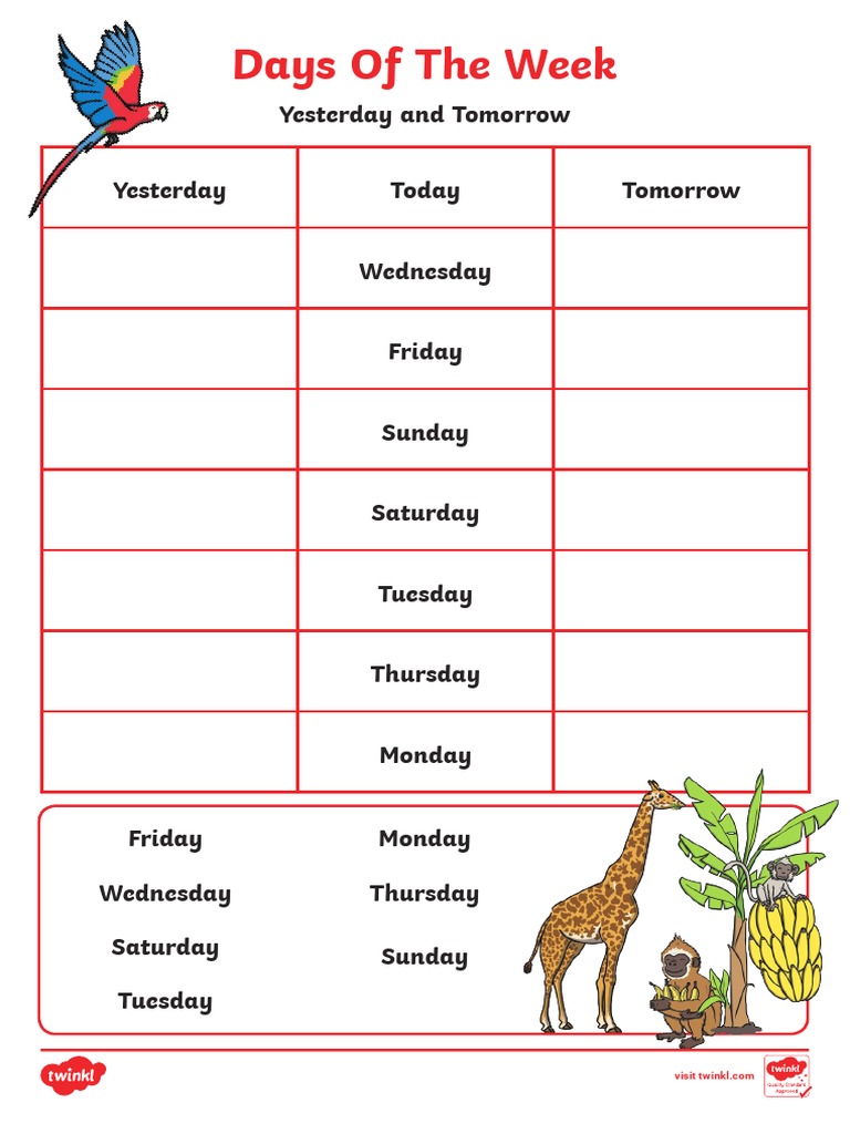Days of The Week Yesterday and Tomorrow | PDF