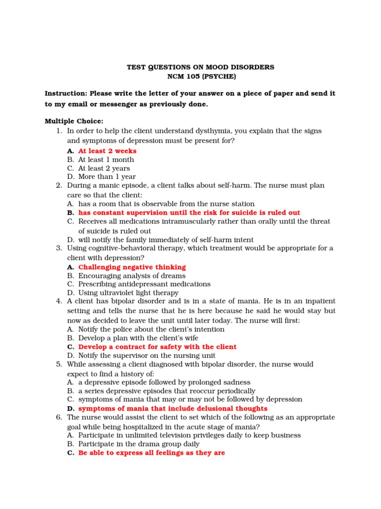 TEST QUESTIONS ON MOOD DISORDERS | PDF | Mania | Major Depressive Disorder