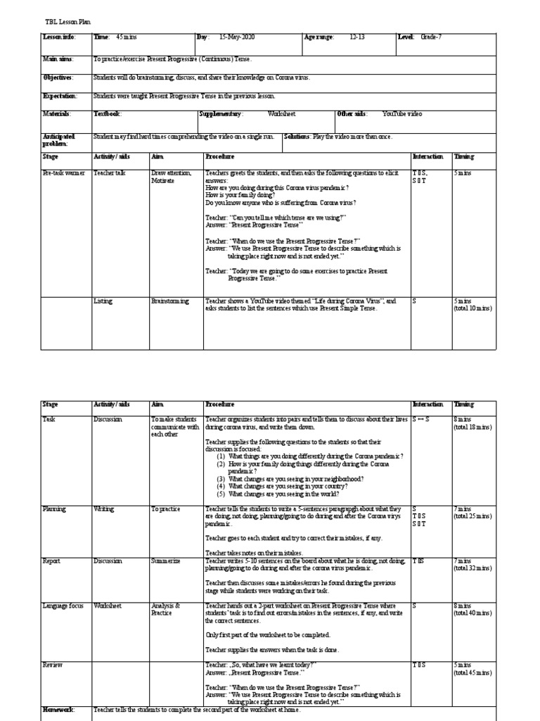 TBL Lesson Plan - Present Progressive Tense | PDF | Lesson Plan | Teaching