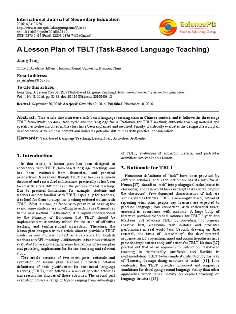 Lesson Plan of TBLT (Task-Based Language Teaching) PDF | PDF | Learning | Second Language