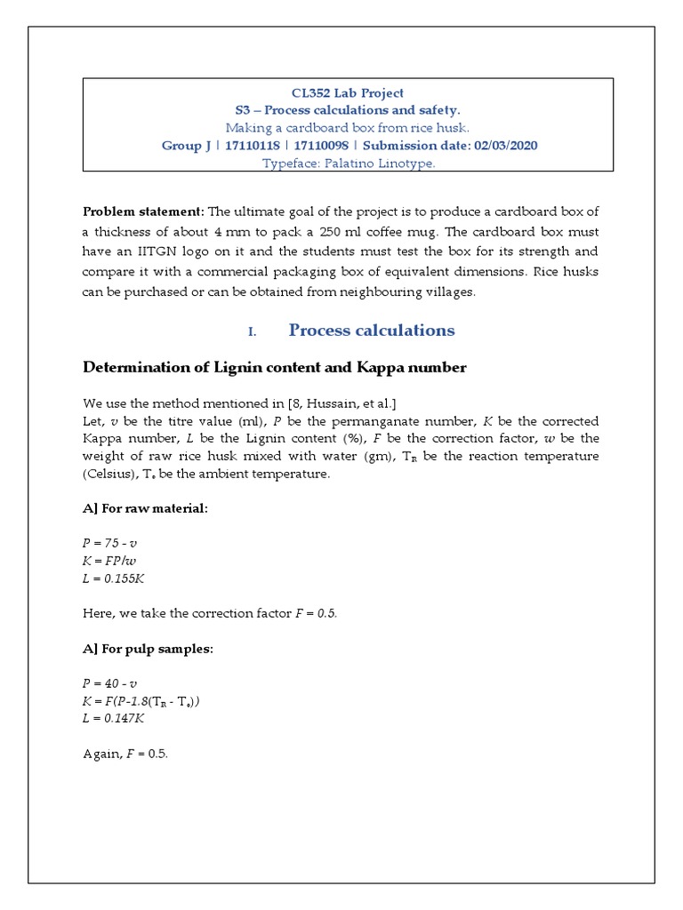 Process Calculations: Determination of Lignin Content and Kappa Number ...