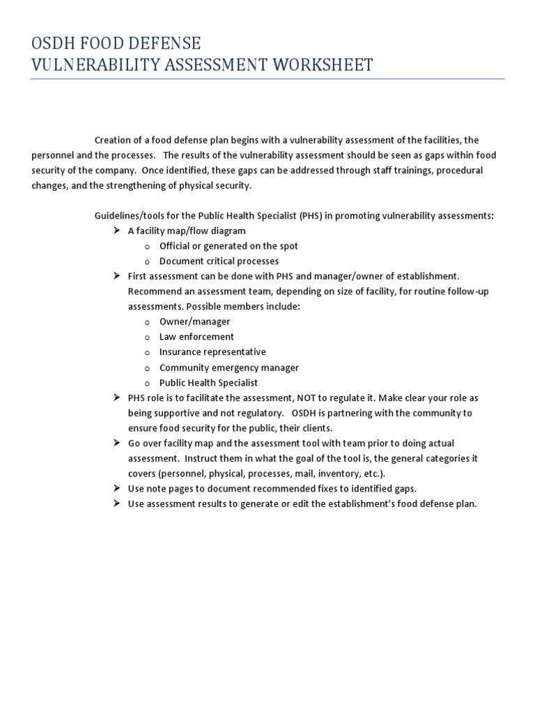 Osdh Food Defense Vulnerability Assessment Worksheet | Download Free ...