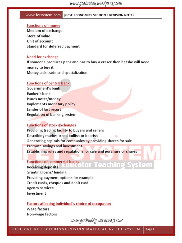 Functions of Money: Gcse Economics Section 3 Revision Notes | PDF ...