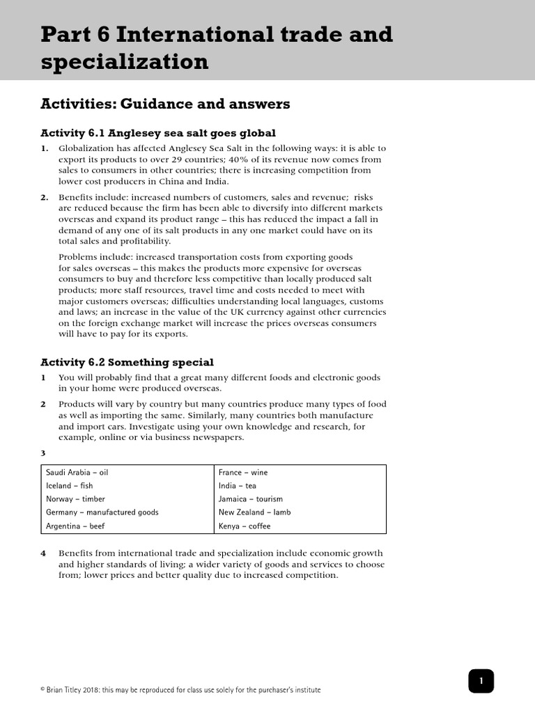 Part 6 International Trade and Specialization: Activities: Guidance and ...