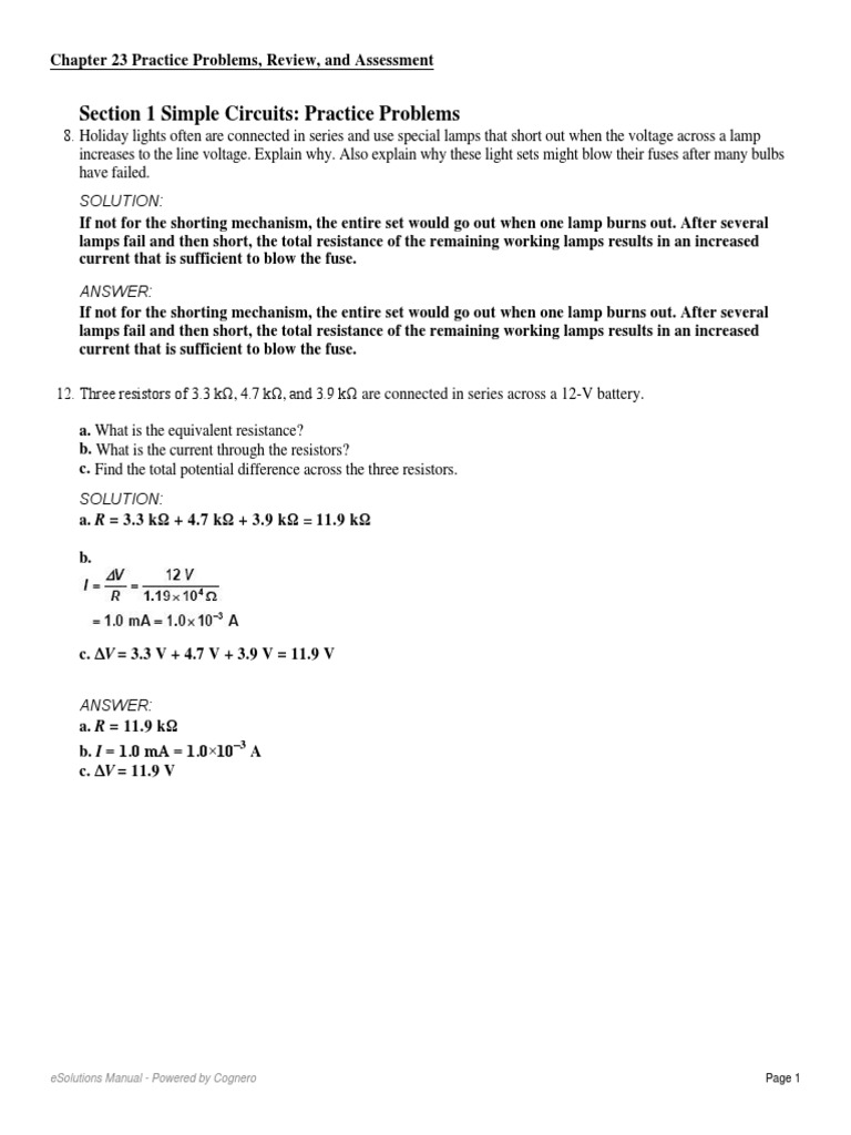 Section 1 Simple Circuits: Practice Problems: Solution | PDF | Series ...