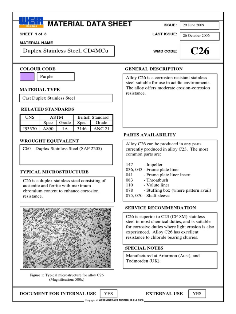 Material Data Sheet: Duplex Stainless Steel, Cd4Mcu | PDF | Stainless ...