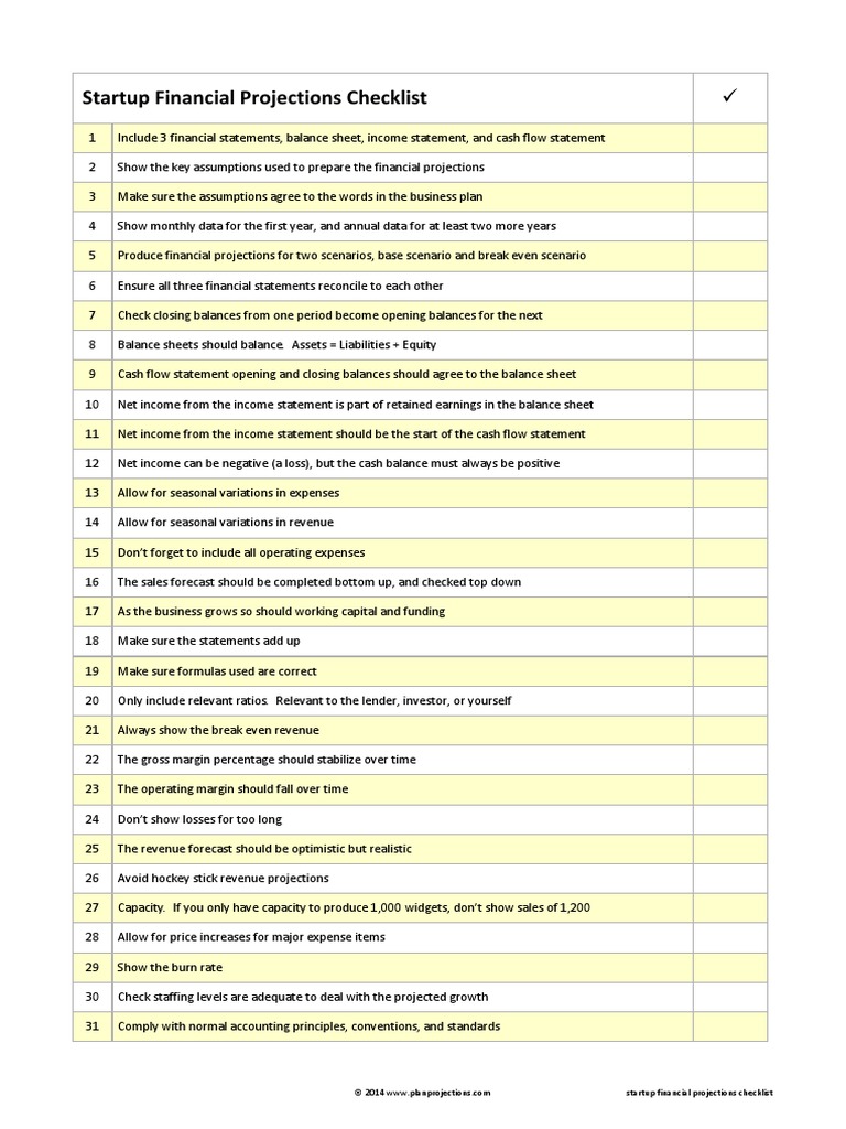 Startup Financial Projections Checklist | PDF | Expense | Balance Sheet