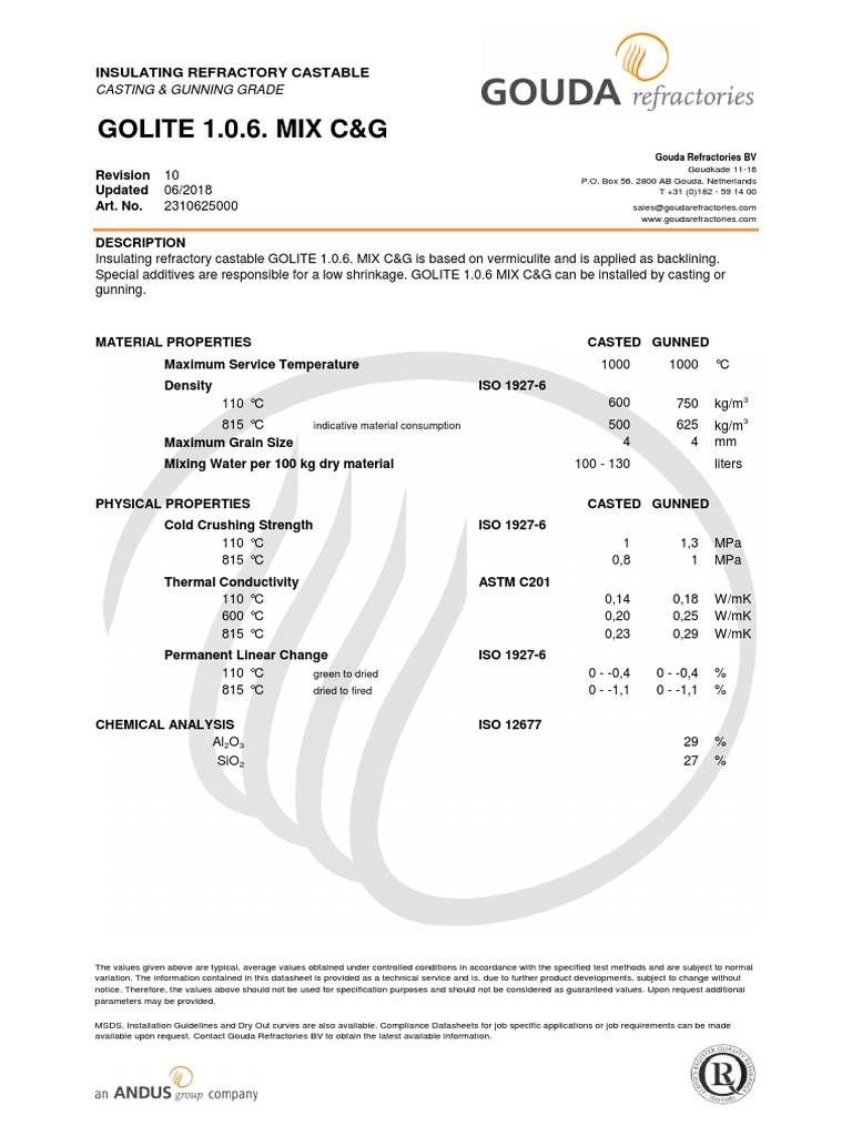 Insulating Refractory Castable GOLITE 1.0.6 | PDF | Refractory ...