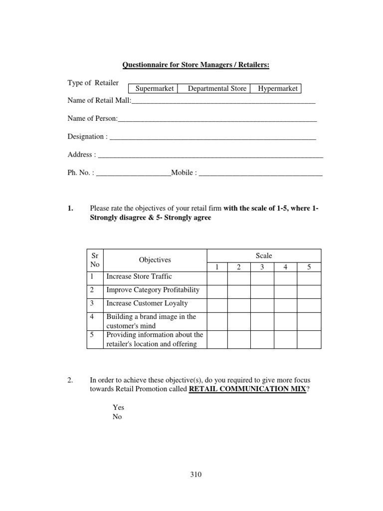 Questionnaire For Store Managers / Retailers | PDF | Retail | Advertising