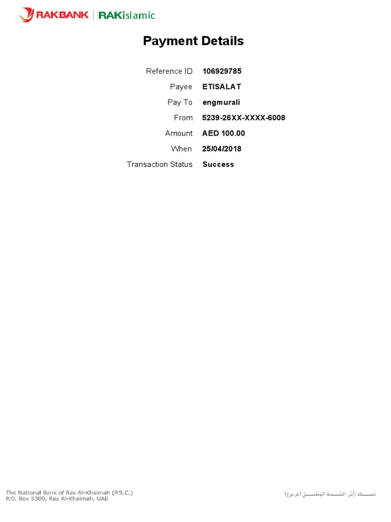 Payment Details: Reference ID Payee Pay To From Amount When Transaction ...