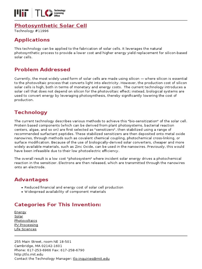 MIT Technology Licensing Office - Photosynthetic Solar Cell - 2018-07 ...