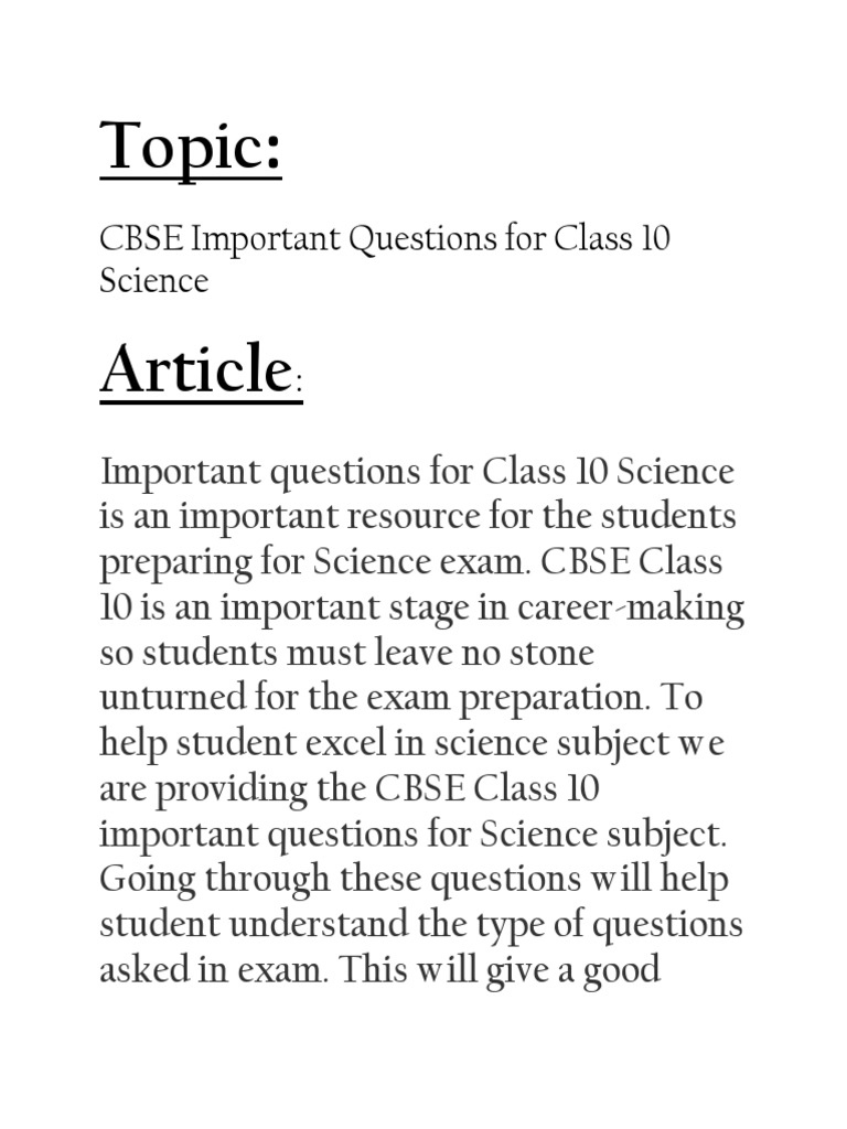 CBSE Important Questions For Class 10 Science | PDF | Textbook ...