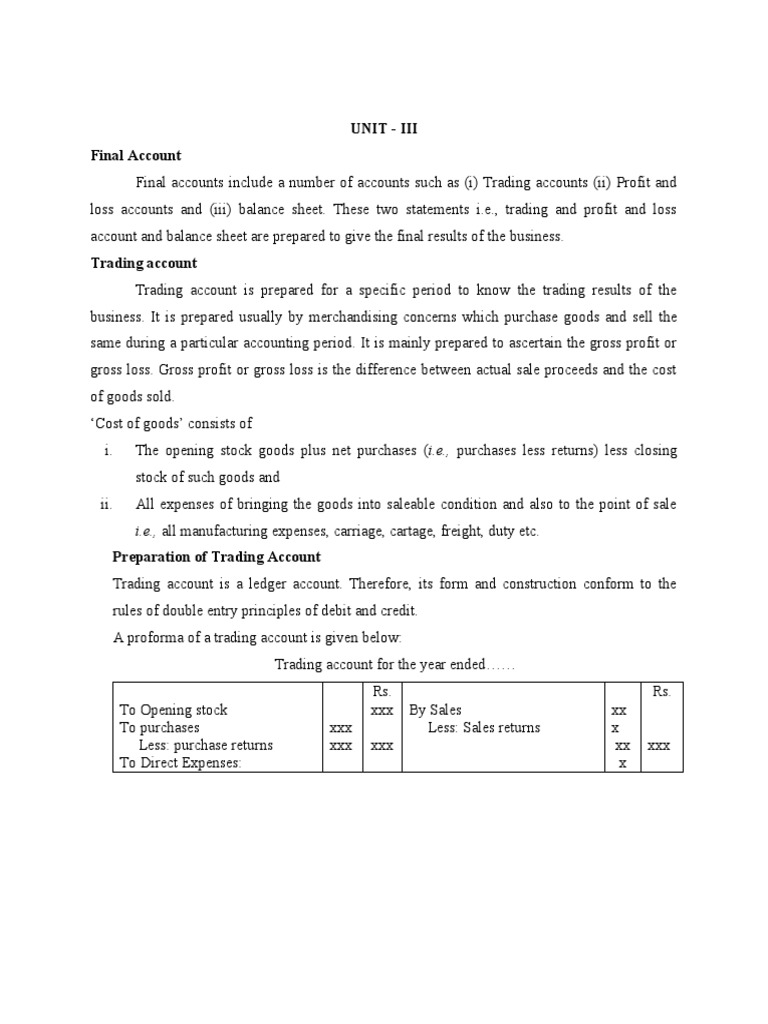 Unit - Iii Final Account: I.e., All Manufacturing Expenses, Carriage ...