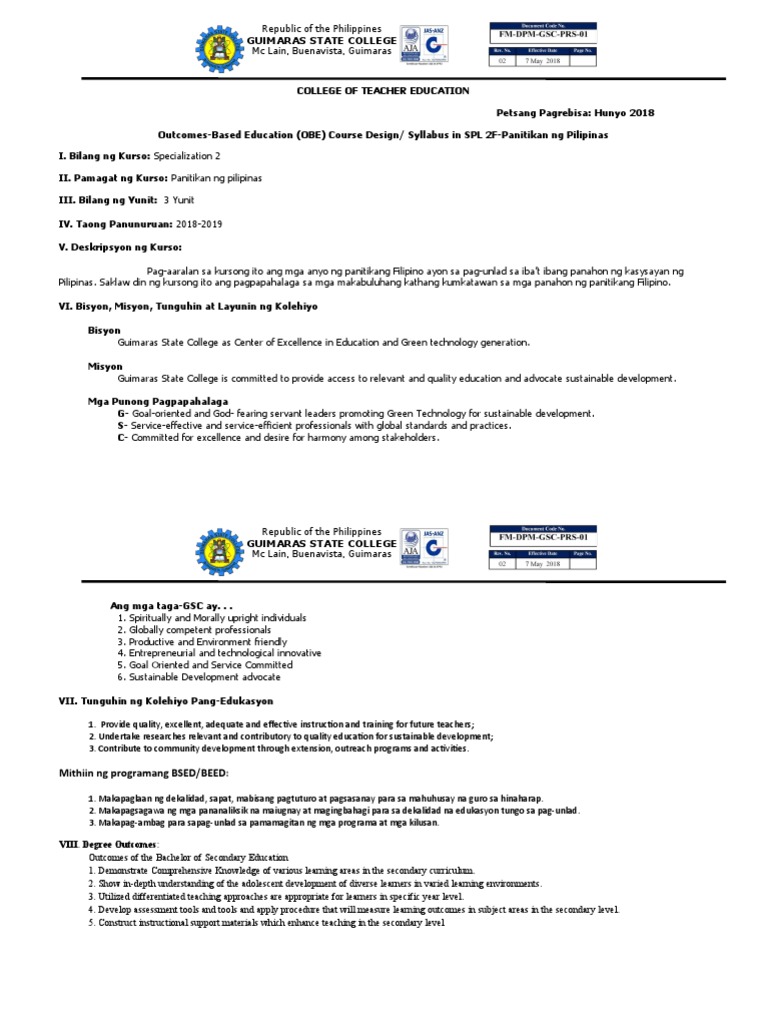 Outcomes-Based Education Course Design for Specialization 2 Panitikan ...