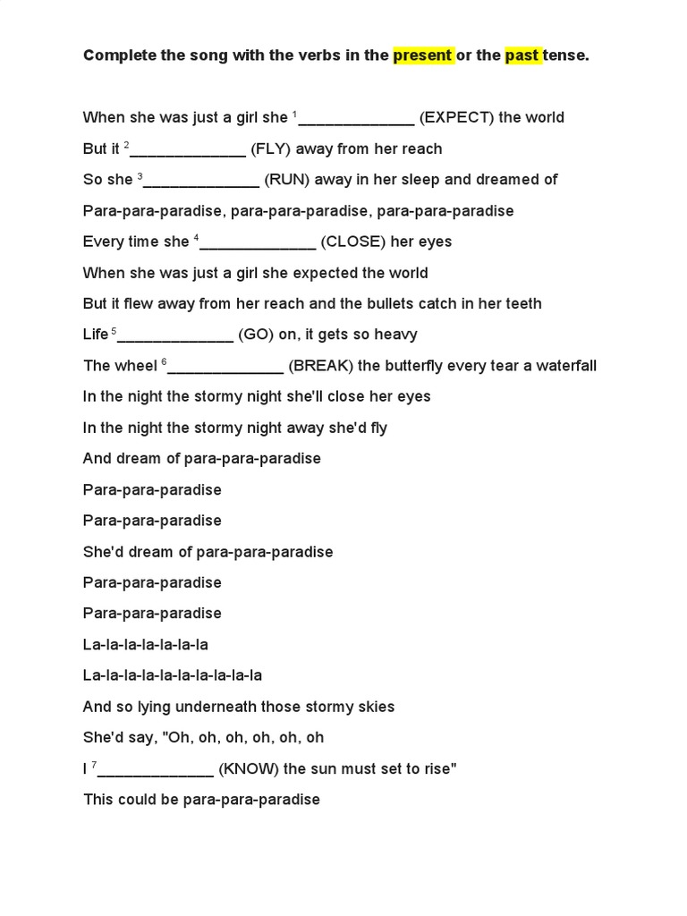 Song Tenses Practice Worksheet | PDF