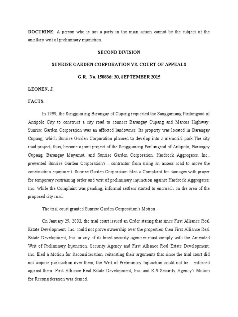 Sunrise Garden Corp. vs. CA (1st Batch) | PDF | Injunction | Writ