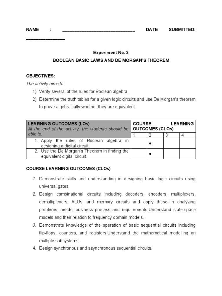 Experiment No 3 Boolean Algebra And De Morgans Theorem Pdf