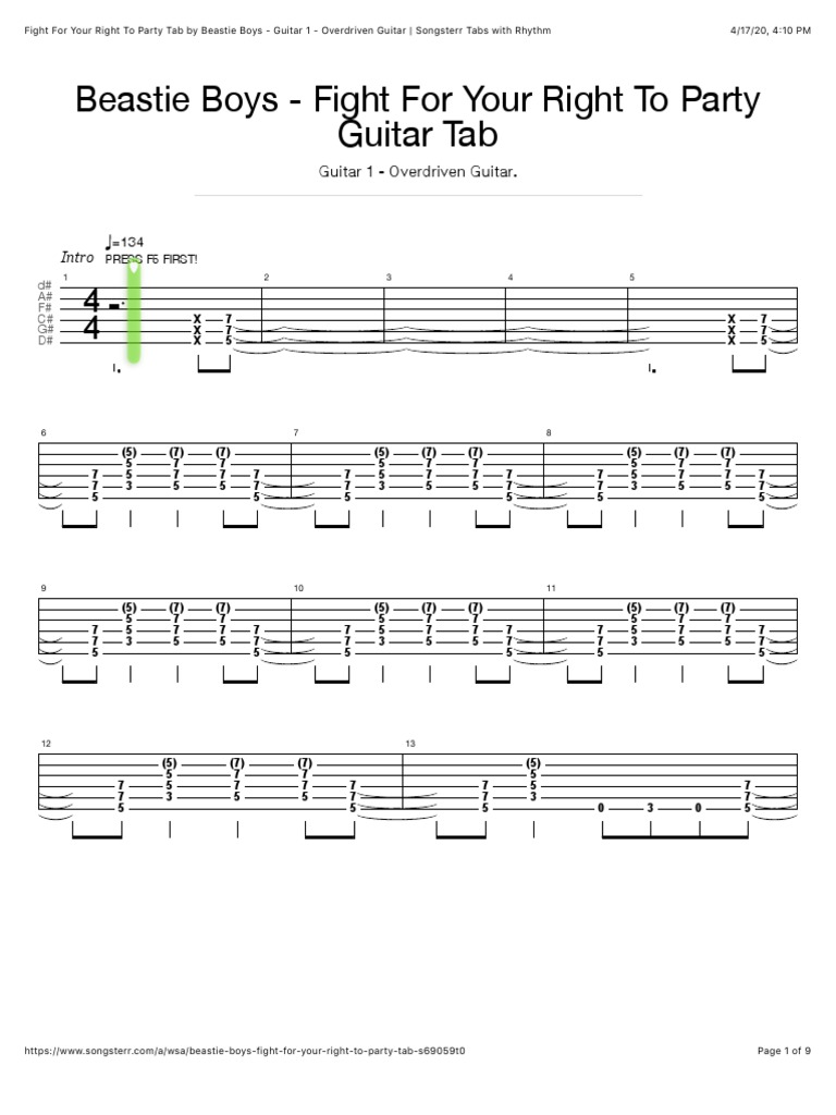 Fight For Your Right To Party Tab by Beastie Boys - Guitar 1 ...