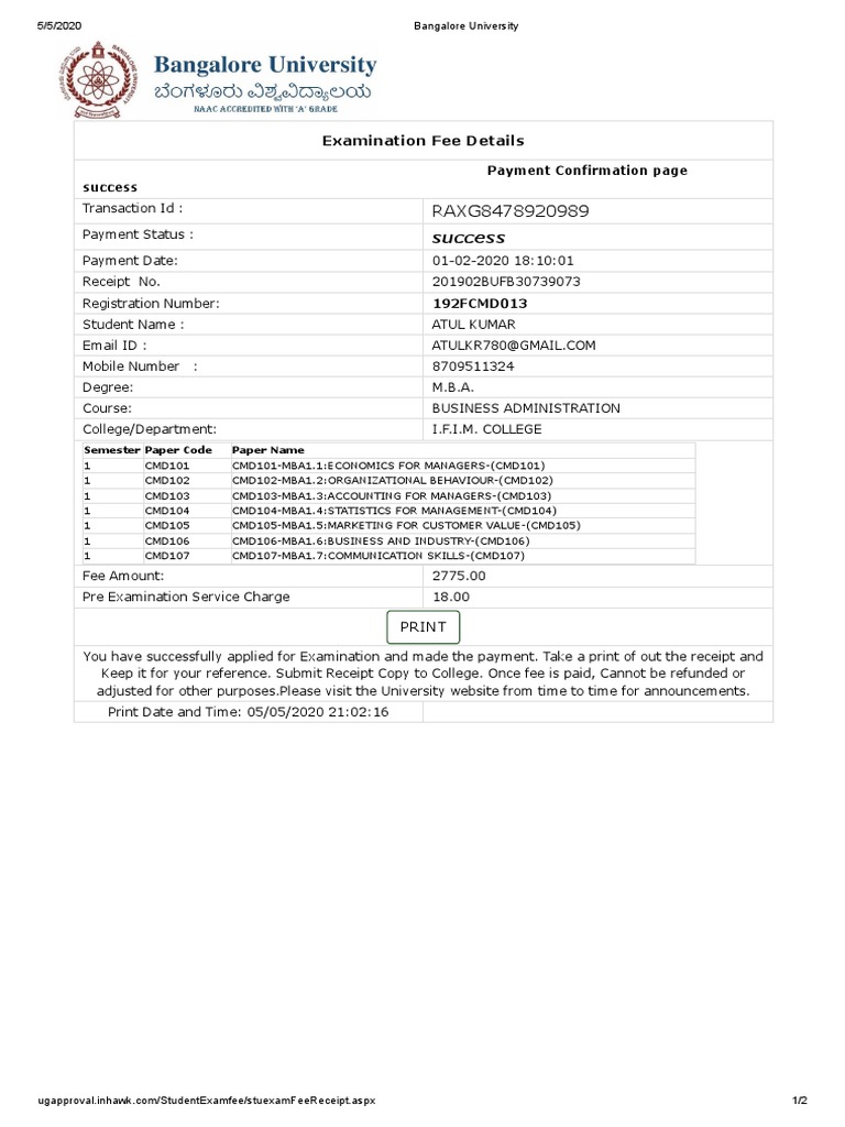 Bangalore University | PDF | Fee | Receipt