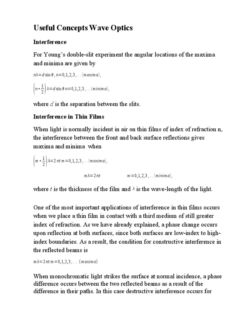 Useful Concepts Wave Optics | Download Free PDF | Diffraction | Angular Resolution