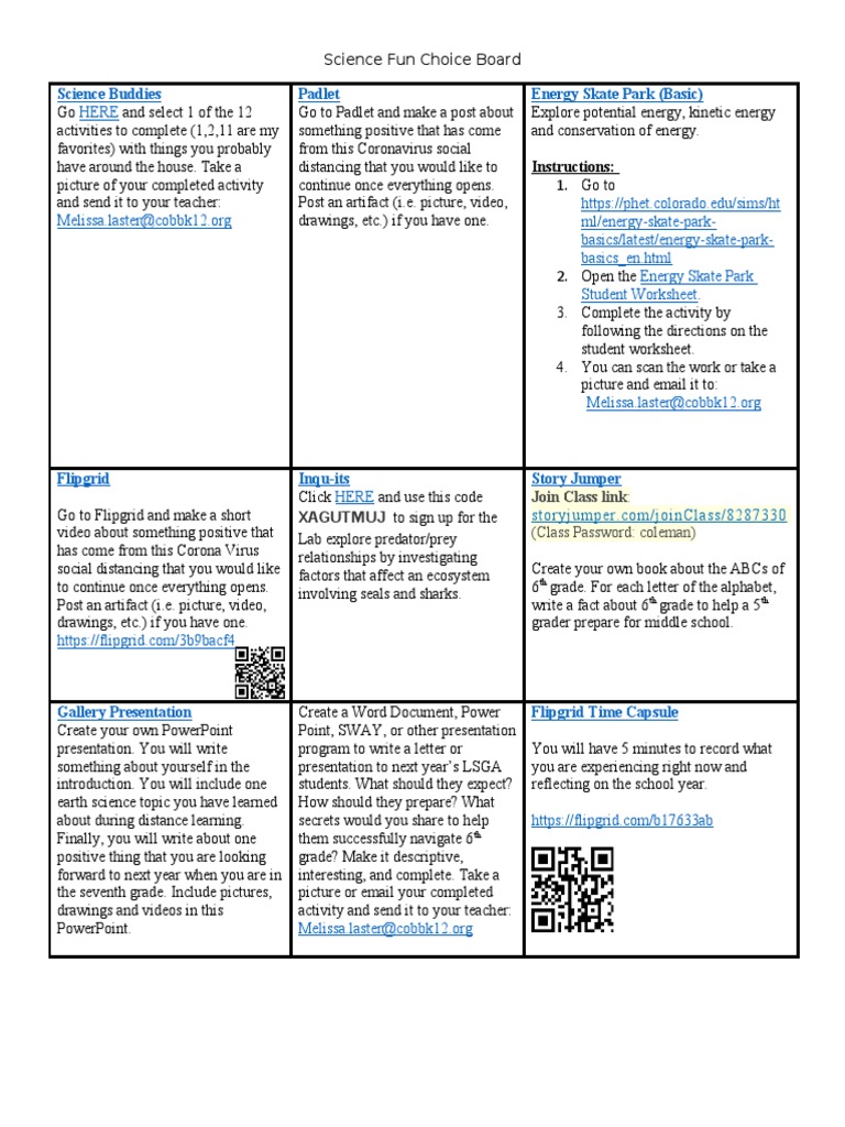 Science Choice Board | PDF | Learning