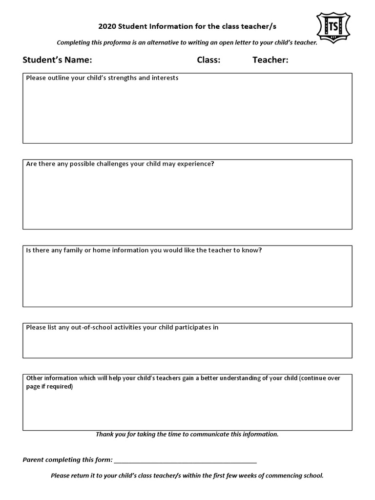 2020 Proforma For Student Information For Class Teachers | PDF