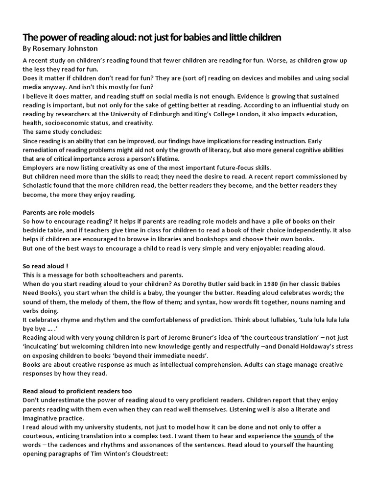 The Importance of Reading Aloud | PDF | Literacy | Socioeconomic Status