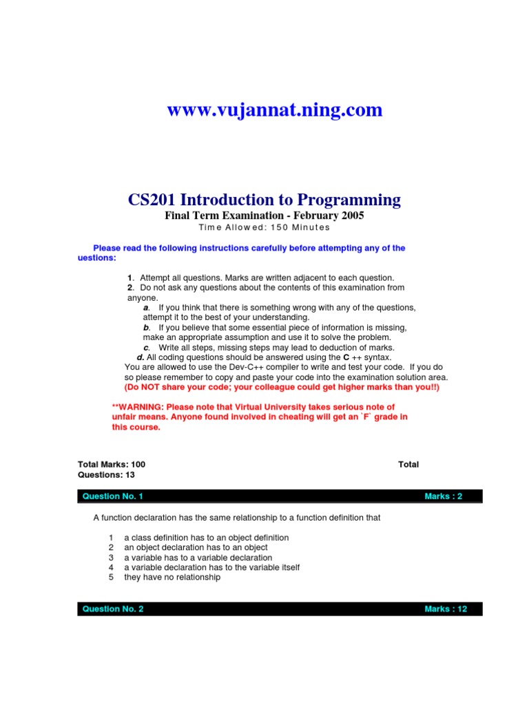 CS201 Collection of Old PApers | PDF | Class (Computer Programming) | Subroutine
