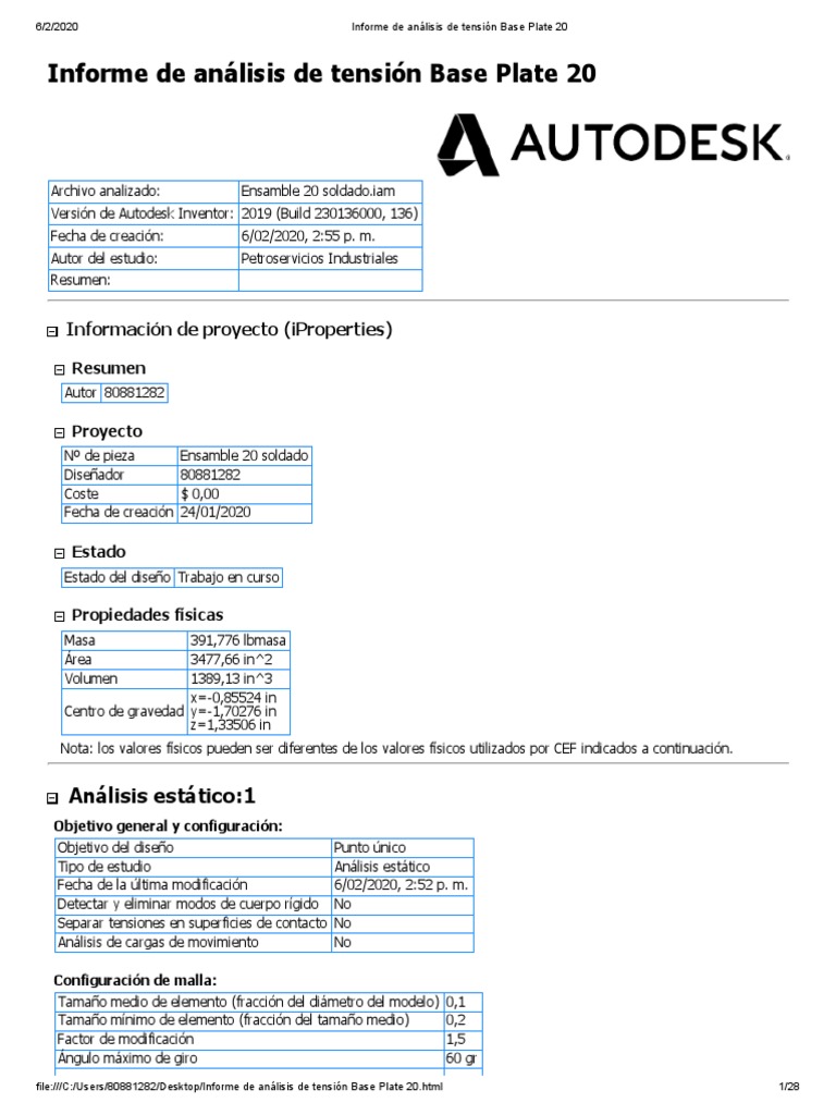 Análisis de Tensión en Base Plate 20 | PDF | Estrés (Mecánica) | Física