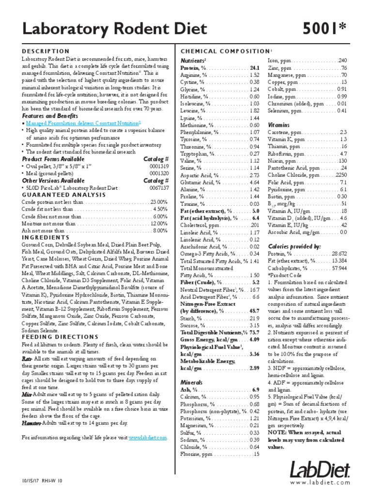 Composición Del Alimento Laboratory Rodent Diet 5001 | PDF | Nutrients ...