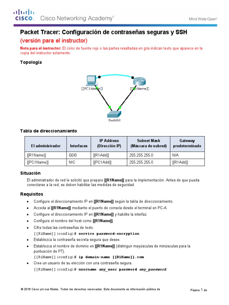 11.2.4.5 Packet Tracer - Configuring Secure Passwords and SSH - ILM | PDF | Dirección IP ...