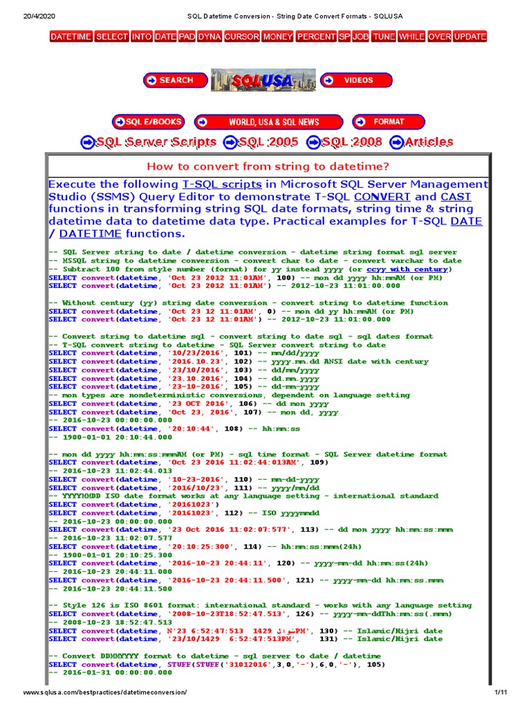 SQL Datetime Conversion - String Date Convert Formats - SQLUSA PDF ...