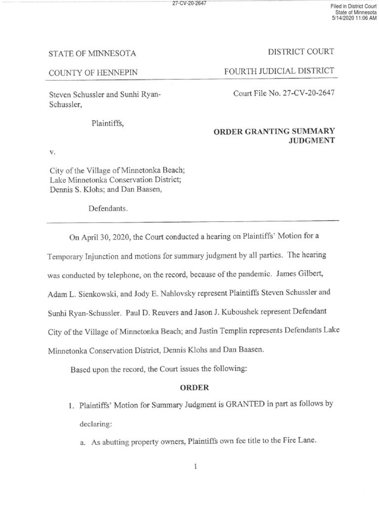 Judgement in Case of Steven Schussler and Minnetonka Beach | PDF ...