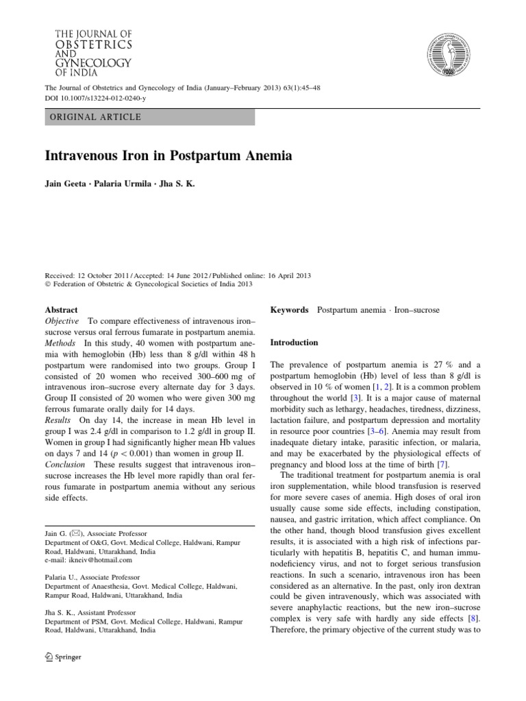 Intravenous Iron in Postpartum Anemia | PDF | Anemia | Dose (Biochemistry)