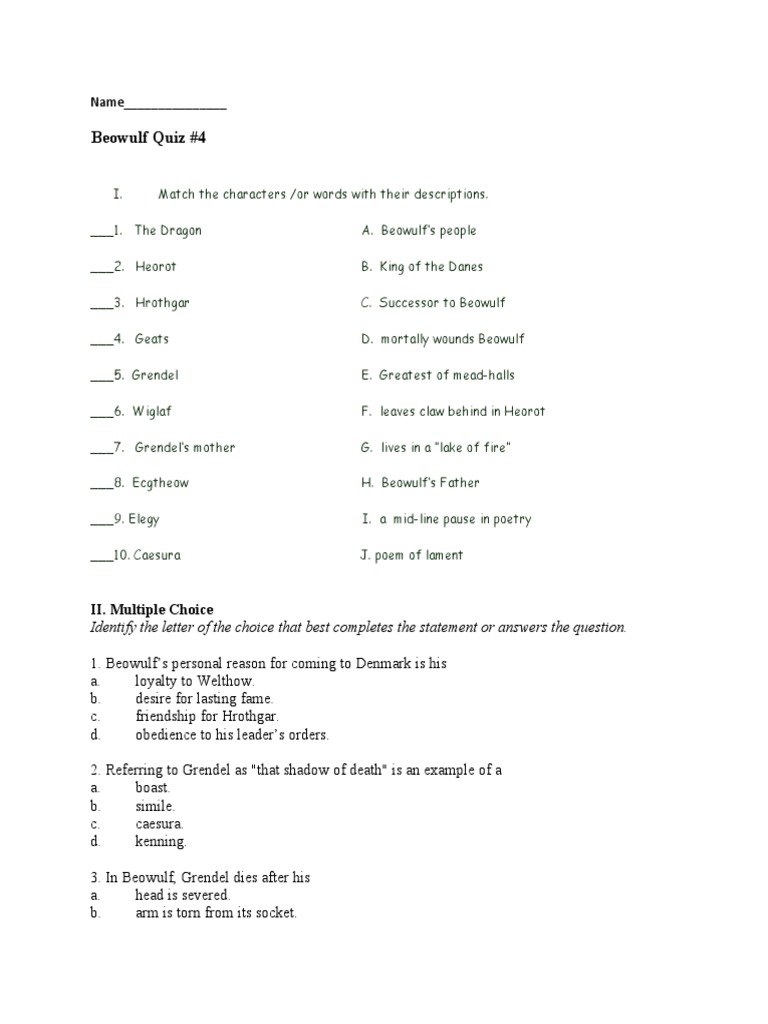 Beowulf Quiz #4: Name | PDF | Beowulf | English Folklore