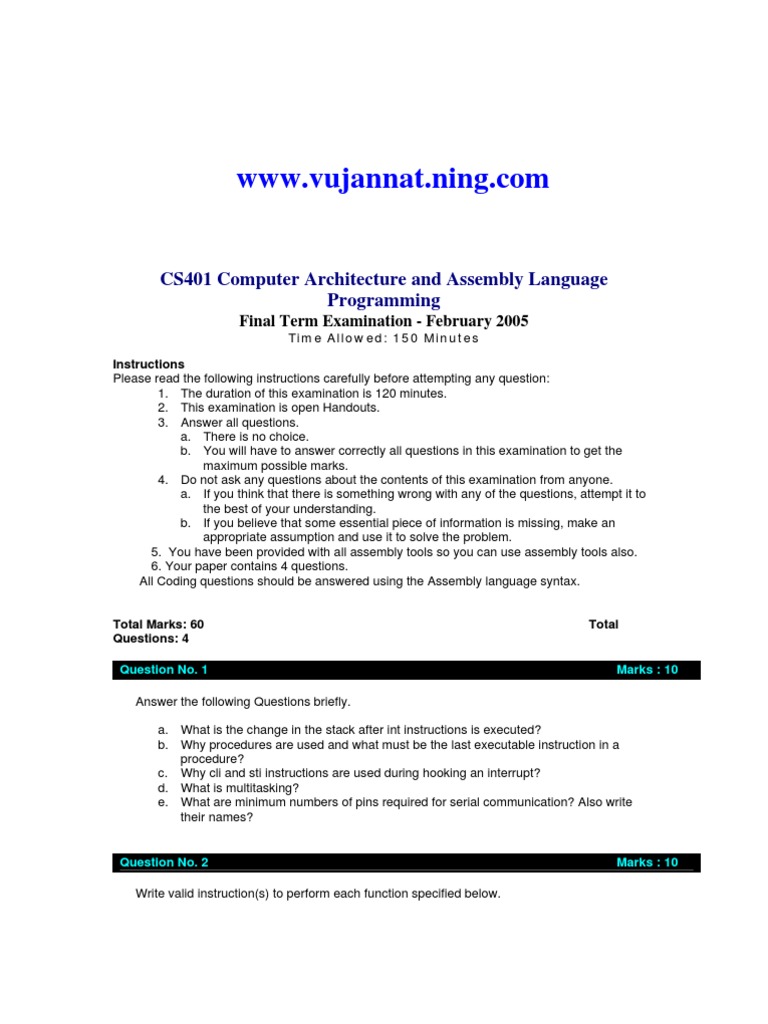 CS401 Collection of Old Papers | PDF | Subroutine | Assembly Language