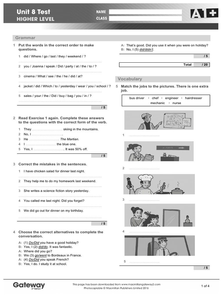 A1+ UNIT 8 Test Higher | PDF