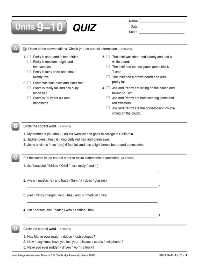Interchange 5th Edition Level 1 Quiz Units 9 and 10 | PDF