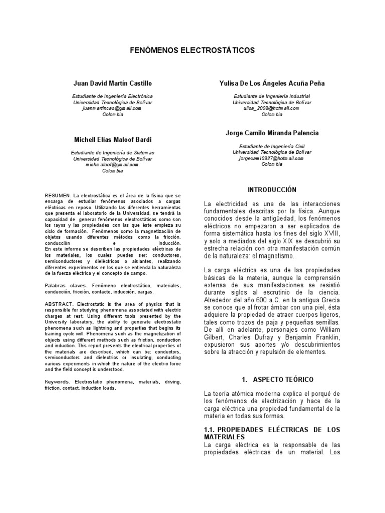 Laboratorio 1 (FENOMENOS ELECTROSTATICOS) | PDF | Electrostática ...